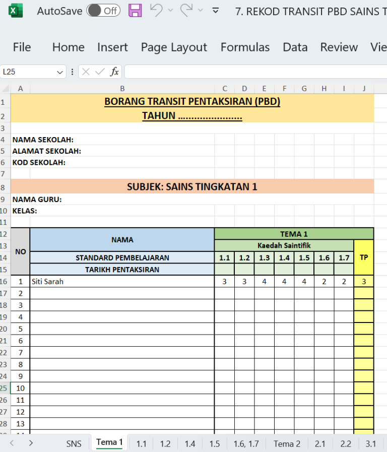 Borang Transit PBD - Sains Tingkatan 1