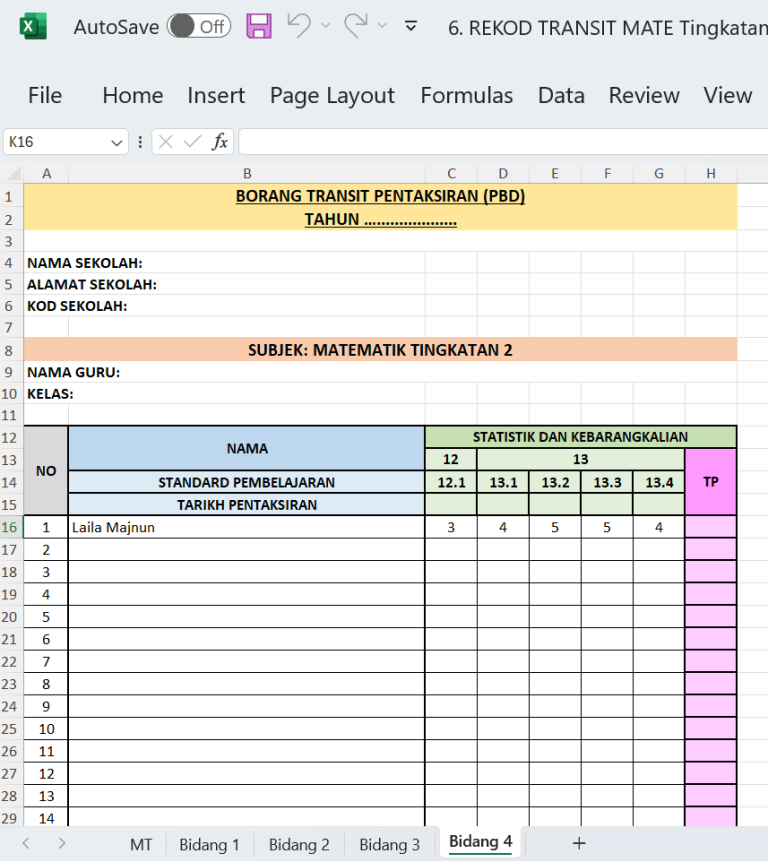 Borang Transit PBD - Matematik Tingkatan 2