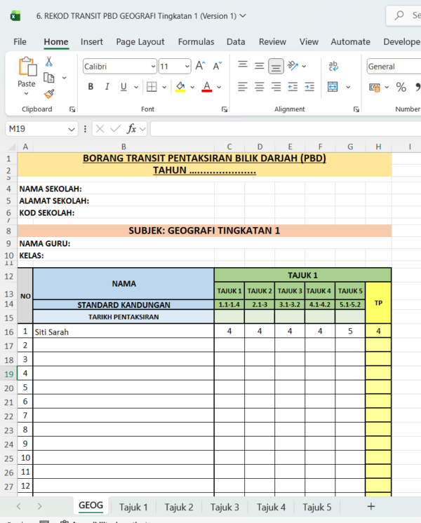 Borang Transit PBD - GEOGRAFI Tingkatan 1